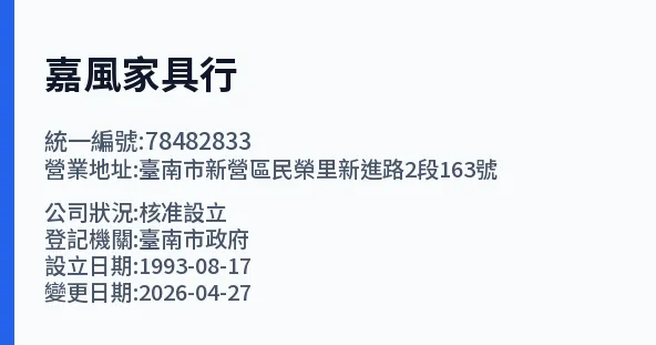 嘉風家具行的照片-統編 78482833(臺南市) 公司登記資料與營業項目詳細圖表