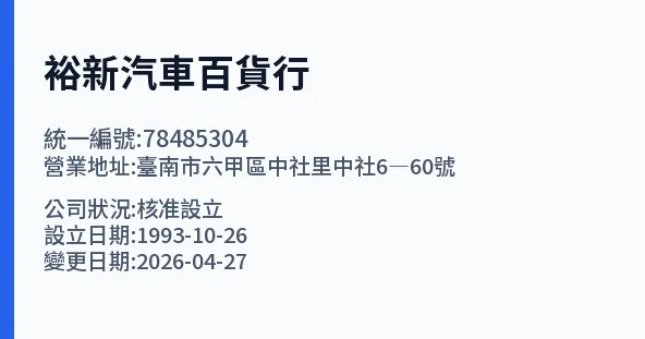 裕新汽車百貨行的照片-統編 78485304(臺南市) 公司登記資料與營業項目詳細圖表