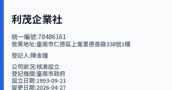 利茂企業社的照片-統編 78486161(臺南市) 公司登記資料與營業項目詳細圖表