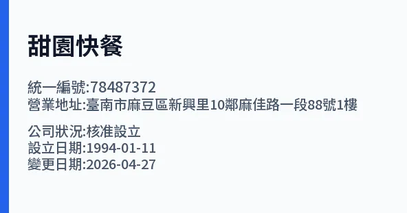 甜園快餐的照片-統編 78487372(臺南市) 公司登記資料與營業項目詳細圖表