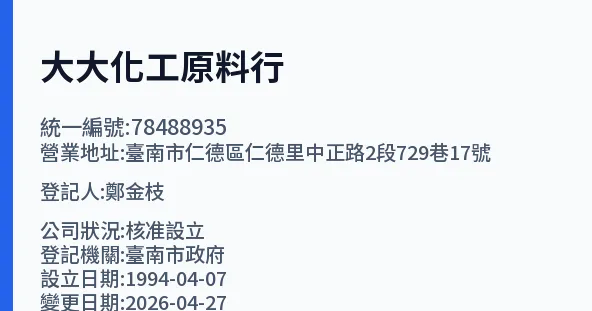 大大化工原料行的照片-統編 78488935(臺南市) 公司登記資料與營業項目詳細圖表