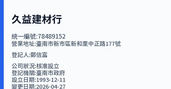 久益建材行的照片-統編 78489152(臺南市) 公司登記資料與營業項目詳細圖表