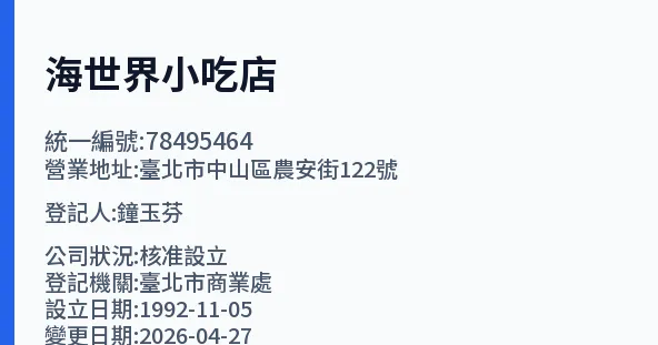 海世界小吃店的照片-統編 78495464(臺北市) 公司登記資料與營業項目詳細圖表