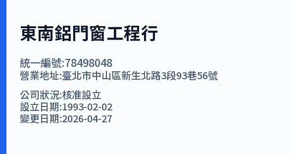 東南鋁門窗工程行的照片-統編 78498048(臺北市) 公司登記資料與營業項目詳細圖表