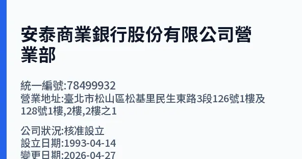 安泰商業銀行股份有限公司營業部的照片-統編 78499932(臺北市) 公司登記資料與營業項目詳細圖表
