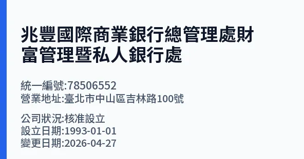兆豐國際商業銀行總管理處財富管理暨私人銀行處的照片-統編 78506552(臺北市) 公司登記資料與營業項目詳細圖表