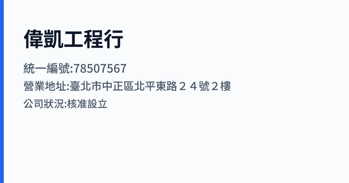 偉凱工程行 - 統編 78507567(臺北市) 公司登記資料與營業項目詳細圖表