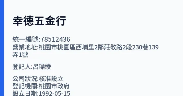 幸德五金行的照片-統編 78512436(桃園市) 公司登記資料與營業項目詳細圖表