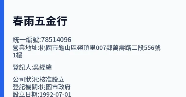 春雨五金行的照片-統編 78514096(桃園市) 公司登記資料與營業項目詳細圖表