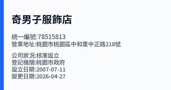 奇男子服飾店的照片-統編 78515813(桃園市) 公司登記資料與營業項目詳細圖表