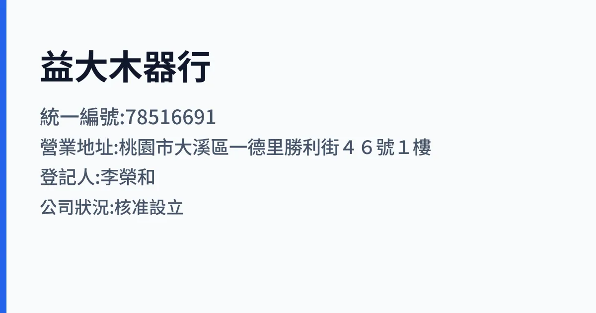 益大木器行 - 統編 78516691(桃園市) 公司登記資料與營業項目詳細圖表