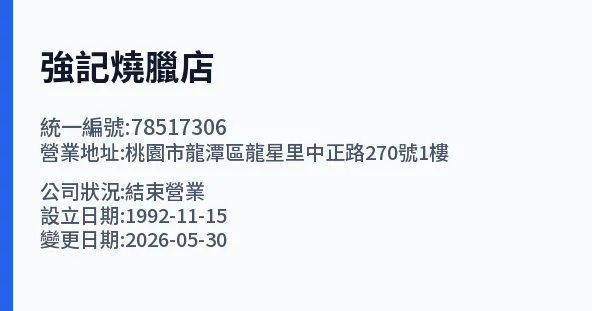 強記燒臘店的照片-統編 78517306(桃園市) 公司登記資料與營業項目詳細圖表