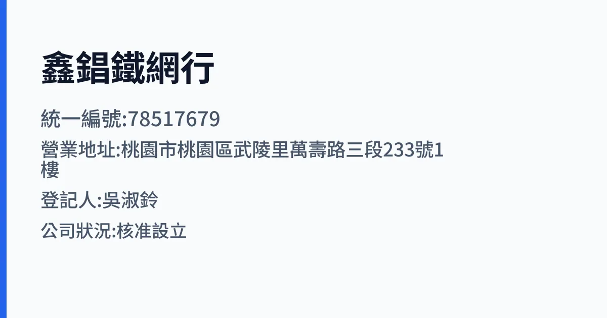 鑫錩鐵網行 - 統編 78517679(桃園市) 公司登記資料與營業項目詳細圖表