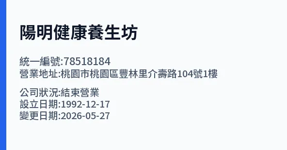 陽明健康養生坊的照片-統編 78518184(桃園市) 公司登記資料與營業項目詳細圖表