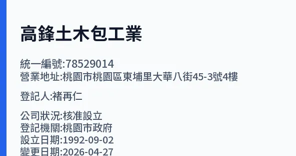高鋒土木包工業的照片-統編 78529014(桃園市) 公司登記資料與營業項目詳細圖表