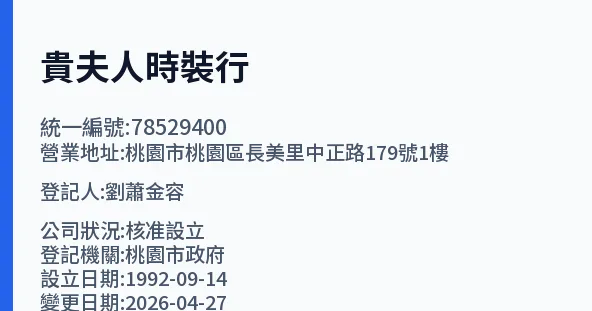 貴夫人時裝行的照片-統編 78529400(桃園市) 公司登記資料與營業項目詳細圖表