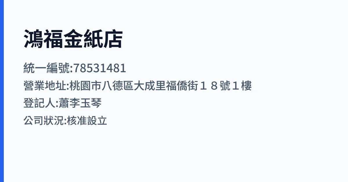 鴻福金紙店 - 統編 78531481(桃園市) 公司登記資料與營業項目詳細圖表