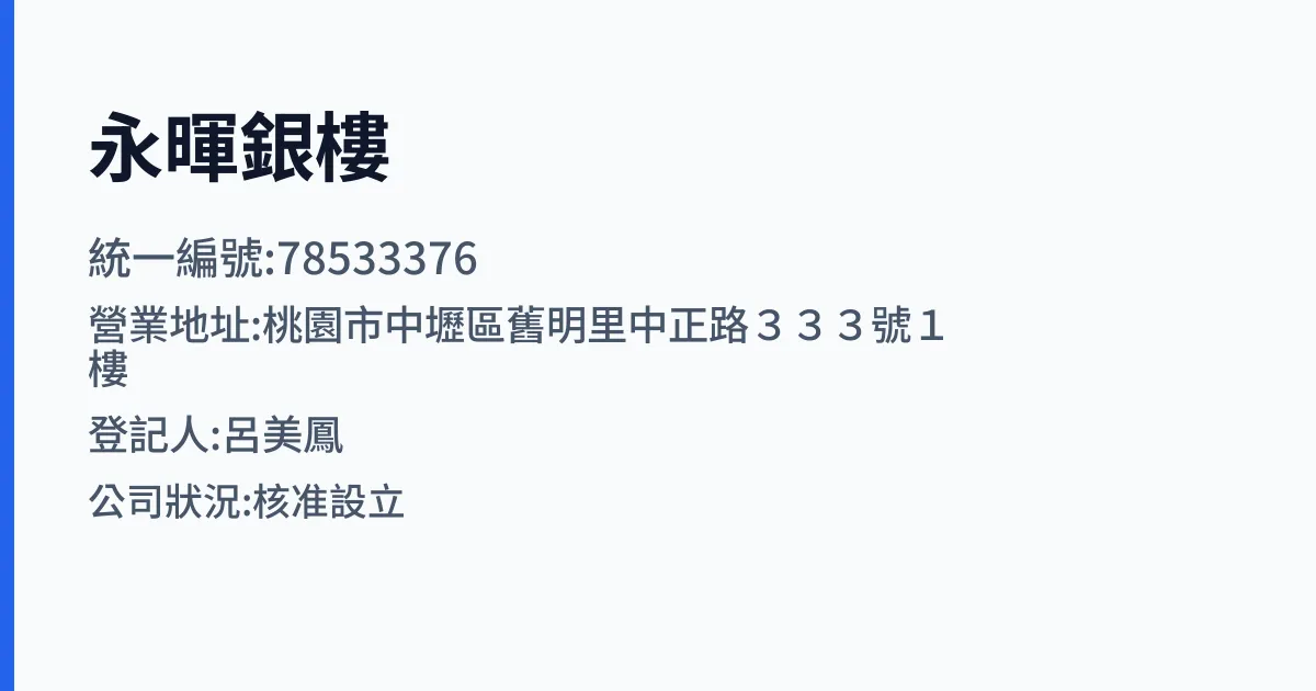 永暉銀樓 - 統編 78533376(桃園市) 公司登記資料與營業項目詳細圖表