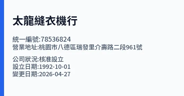 太龍縫衣機行的照片-統編 78536824(桃園市) 公司登記資料與營業項目詳細圖表