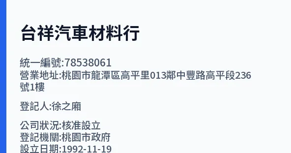 台祥汽車材料行的照片-統編 78538061(桃園市) 公司登記資料與營業項目詳細圖表