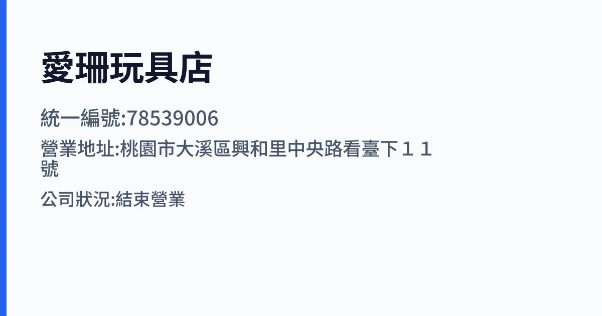 愛珊玩具店 - 統編 78539006(桃園市) 公司登記資料與營業項目詳細圖表