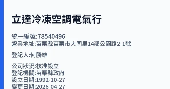 立達冷凍空調電氣行的照片-統編 78540496(苗栗縣) 公司登記資料與營業項目詳細圖表