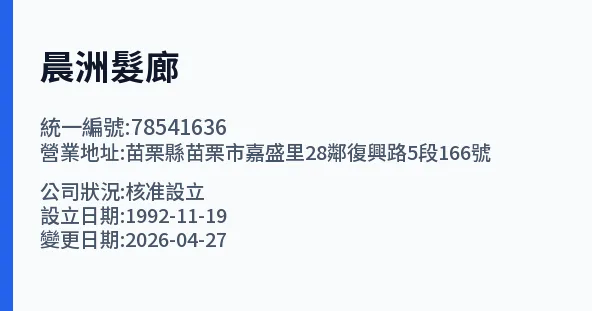 晨洲髮廊的照片-統編 78541636(苗栗縣) 公司登記資料與營業項目詳細圖表