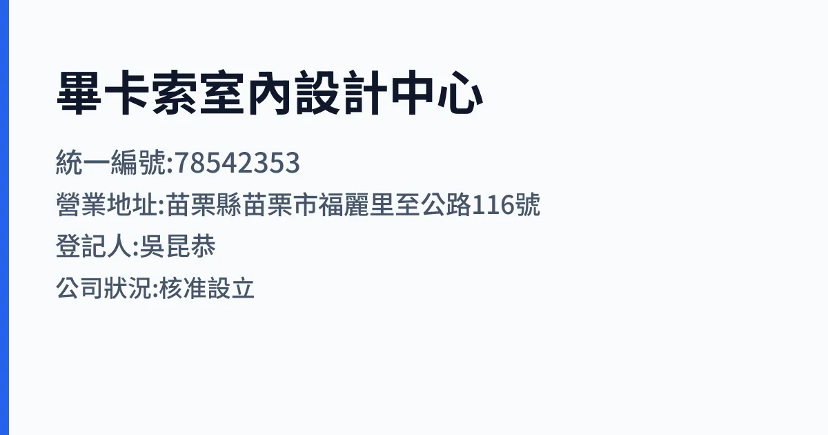 畢卡索室內設計中心 - 統編 78542353(苗栗縣) 公司登記資料與營業項目詳細圖表