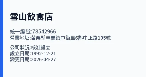 雪山飲食店的照片-統編 78542966(苗栗縣) 公司登記資料與營業項目詳細圖表