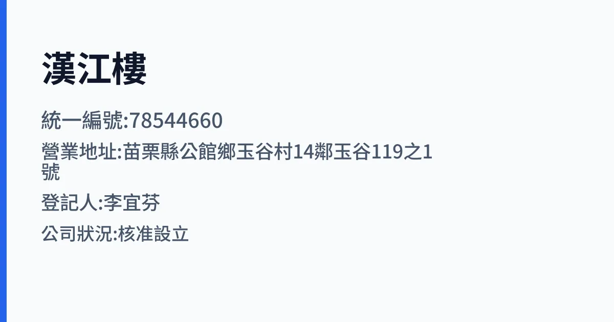 漢江樓 - 統編 78544660(苗栗縣) 公司登記資料與營業項目詳細圖表
