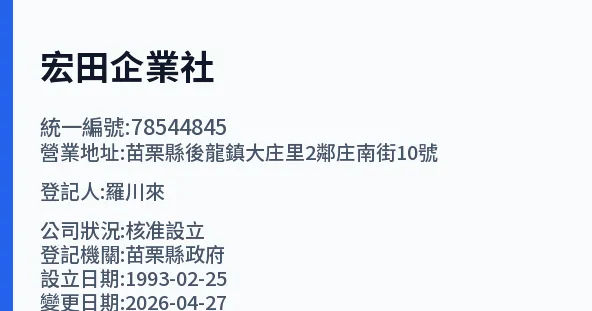 宏田企業社的照片-統編 78544845(苗栗縣) 公司登記資料與營業項目詳細圖表