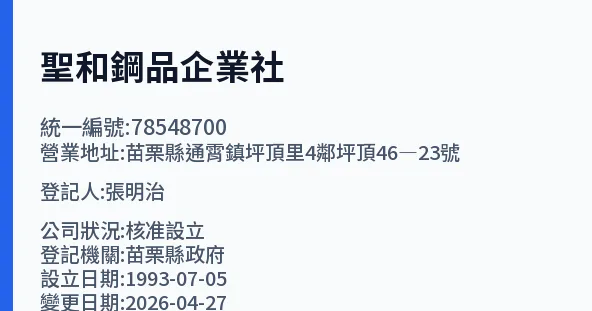 聖和鋼品企業社的照片-統編 78548700(苗栗縣) 公司登記資料與營業項目詳細圖表