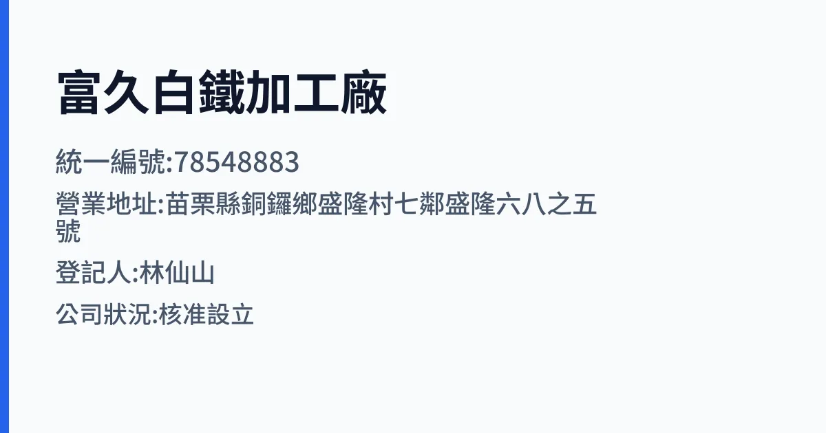 富久白鐵加工廠 - 統編 78548883(苗栗縣) 公司登記資料與營業項目詳細圖表