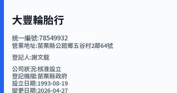 大豐輪胎行的照片-統編 78549932(苗栗縣) 公司登記資料與營業項目詳細圖表