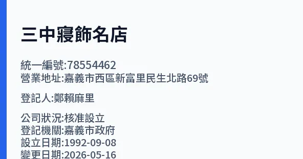 三中寢飾名店的照片-統編 78554462(嘉義市) 公司登記資料與營業項目詳細圖表