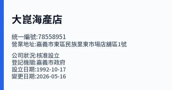 大崑海產店的照片-統編 78558951(嘉義市) 公司登記資料與營業項目詳細圖表