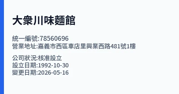 大衆川味麵館的照片-統編 78560696(嘉義市) 公司登記資料與營業項目詳細圖表