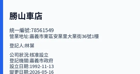 勝山車店的照片-統編 78561549(嘉義市) 公司登記資料與營業項目詳細圖表