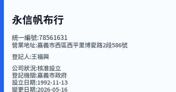 永信帆布行的照片-統編 78561631(嘉義市) 公司登記資料與營業項目詳細圖表