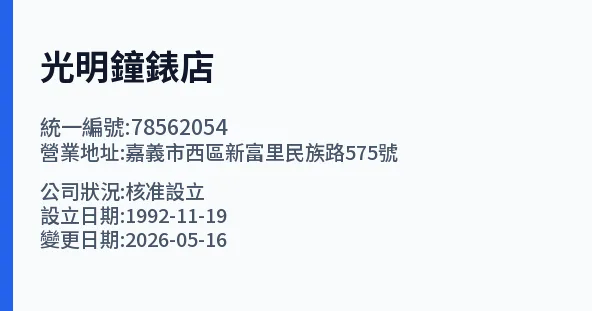 光明鐘錶店的照片-統編 78562054(嘉義市) 公司登記資料與營業項目詳細圖表