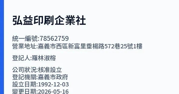 弘益印刷企業社的照片-統編 78562759(嘉義市) 公司登記資料與營業項目詳細圖表