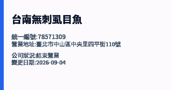 台南無刺虱目魚的照片-統編 78571309(臺北市) 公司登記資料與營業項目詳細圖表
