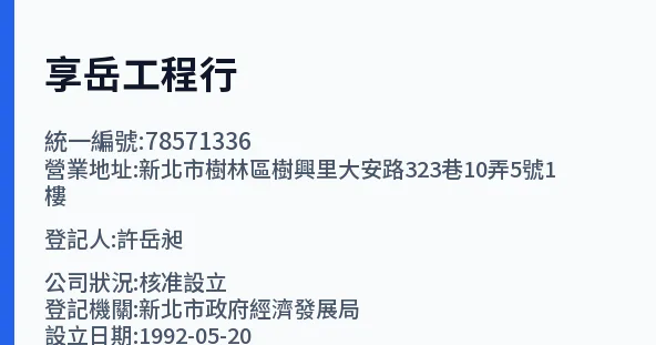 享岳工程行的照片-統編 78571336(新北市) 公司登記資料與營業項目詳細圖表