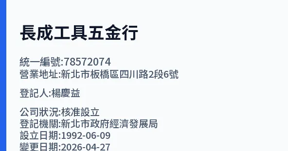 長成工具五金行的照片-統編 78572074(新北市) 公司登記資料與營業項目詳細圖表