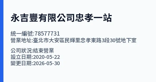 永吉豐有限公司忠孝一站的照片-統編 78577731(臺北市) 公司登記資料與營業項目詳細圖表