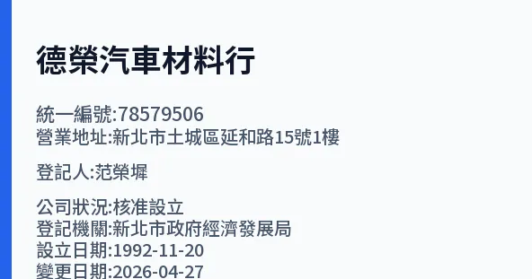 德榮汽車材料行的照片-統編 78579506(新北市) 公司登記資料與營業項目詳細圖表