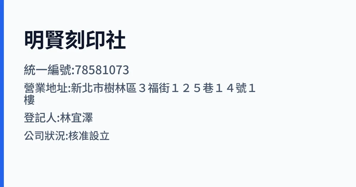 明賢刻印社 - 統編 78581073（新北市） 公司登記資料與營業項目詳細圖表