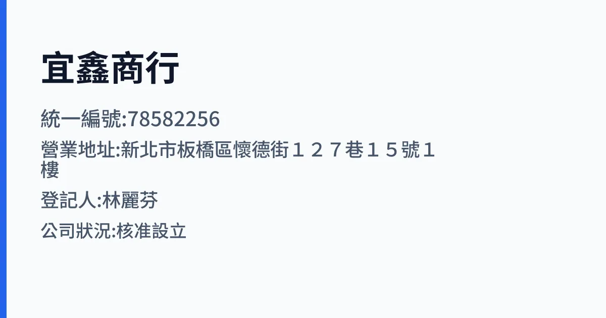 宜鑫商行 - 統編 78582256(新北市) 公司登記資料與營業項目詳細圖表