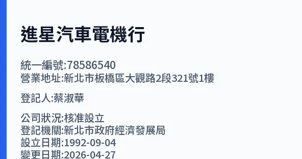 進星汽車電機行的照片-統編 78586540(新北市) 公司登記資料與營業項目詳細圖表
