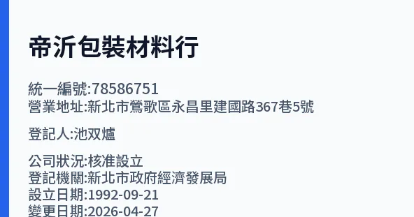 帝沂包裝材料行的照片-統編 78586751(新北市) 公司登記資料與營業項目詳細圖表